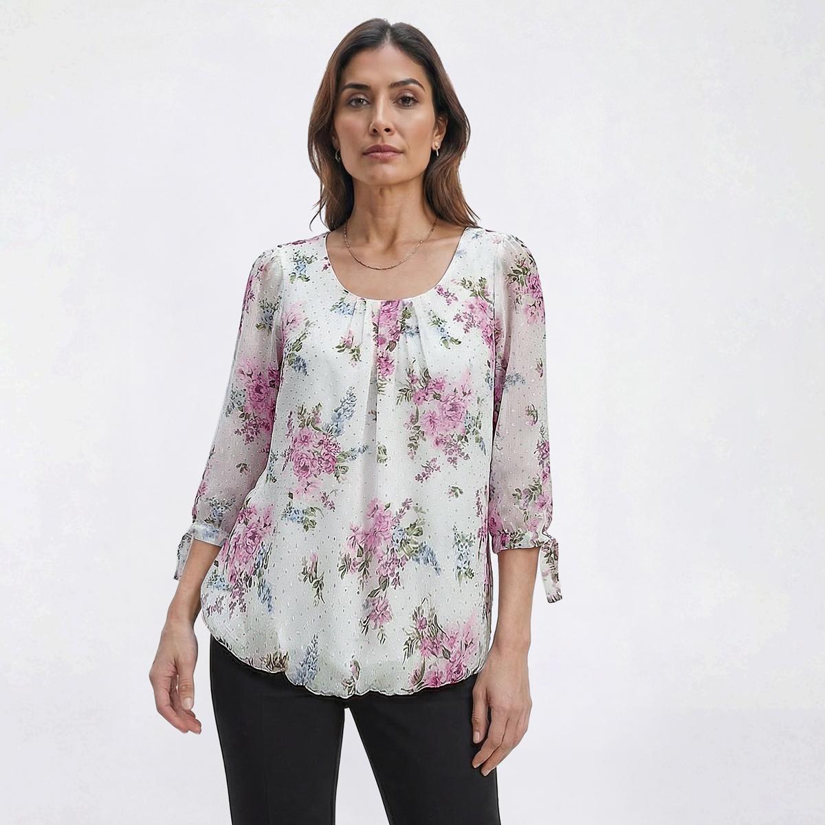 Click here for Womens Sara Michelle 3/4 Sleeve Floral Pleat Detai... prices